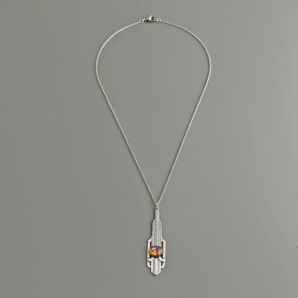MAGDA Art Deco fire opal cabochon silver pendant necklace